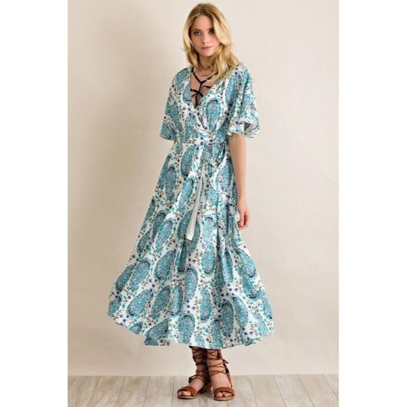 entro | Dresses | Blue White Paisley Entro Boho Peasant Low Cut Flutter ...
